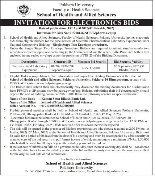 Invitation for Electronic Bids for Pharmaceutical Laboratory Equipment