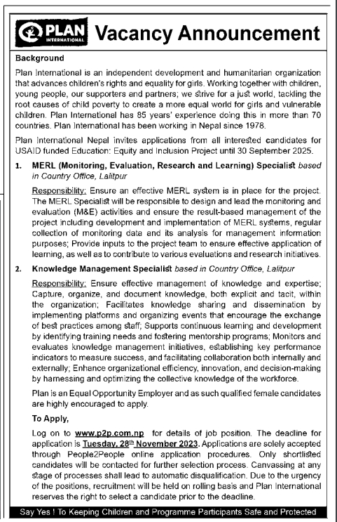 Knowledge Management Specialist Job Vacancy in Nepal - PLAN ... Knowledge Management Specialist Job Vacancy in Nepal - PLAN ...