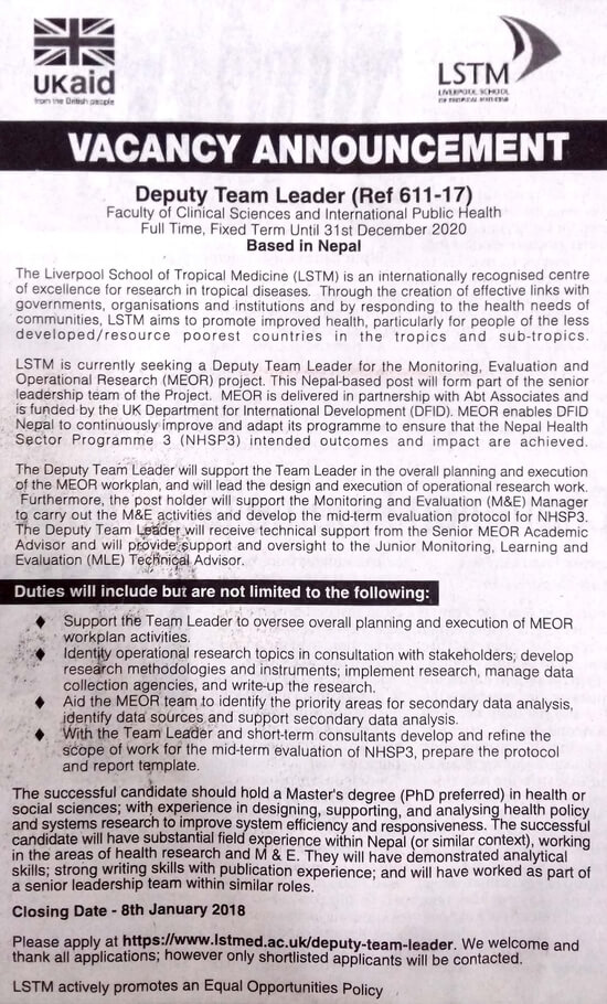 Deputy Team Leader Job Vacancy in Nepal - Liverpool School of Tropical ... Deputy Team Leader Job Vacancy in Nepal - Liverpool School of Tropical ...